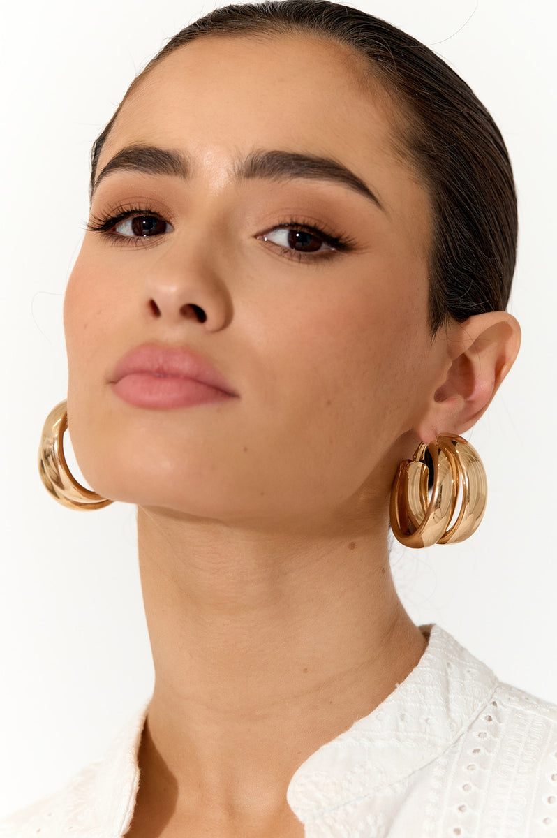 Double Loop Front Hoops in Gold | adorne