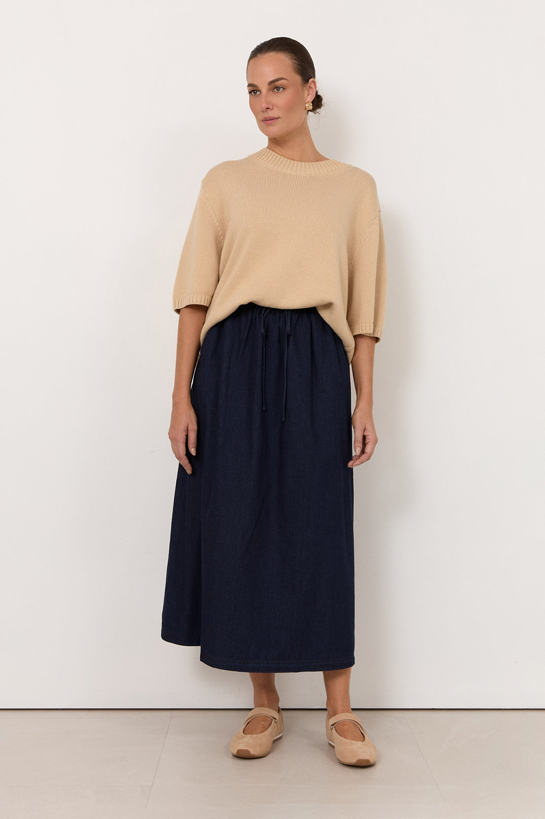 Aspyn Light Weight Denim Midi Skirt in Denim | adorne