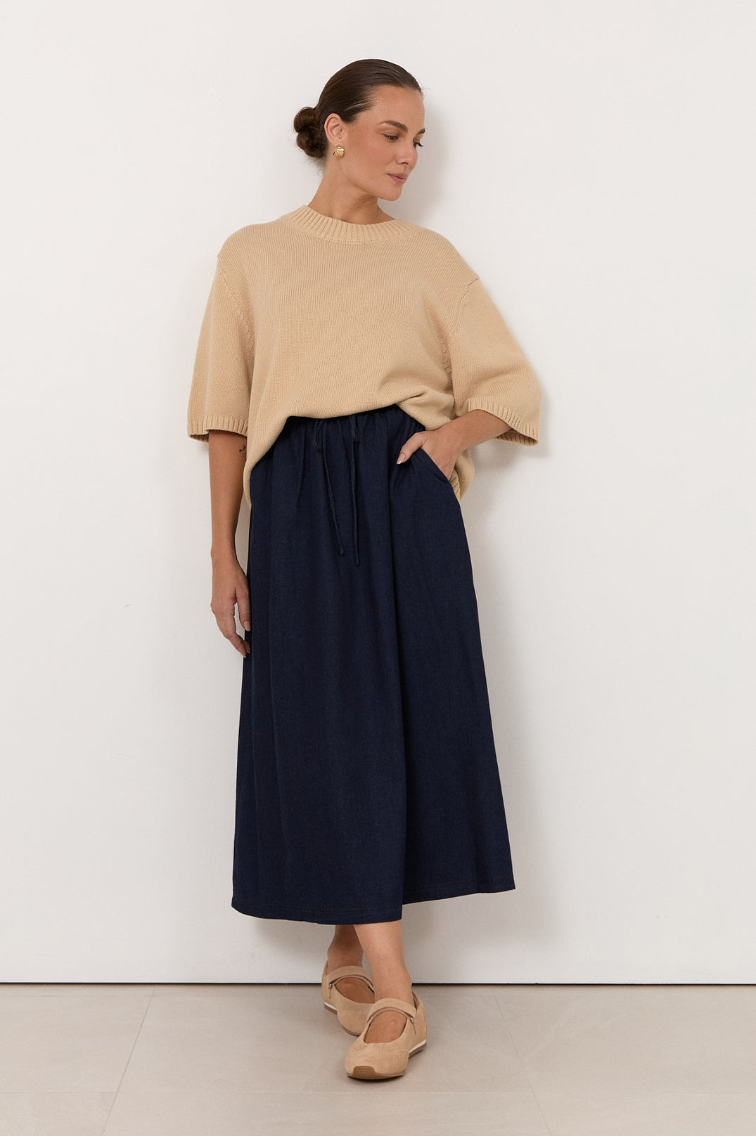 Aspyn Light Weight Denim Midi Skirt in Denim | adorne
