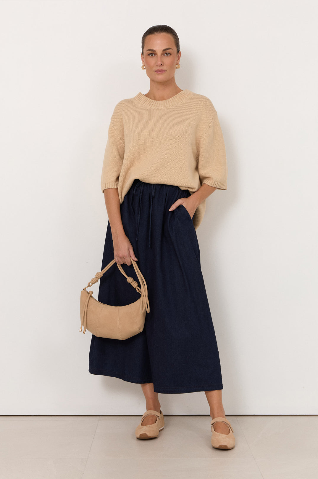 Aspyn Light Weight Denim Midi Skirt in Denim | adorne