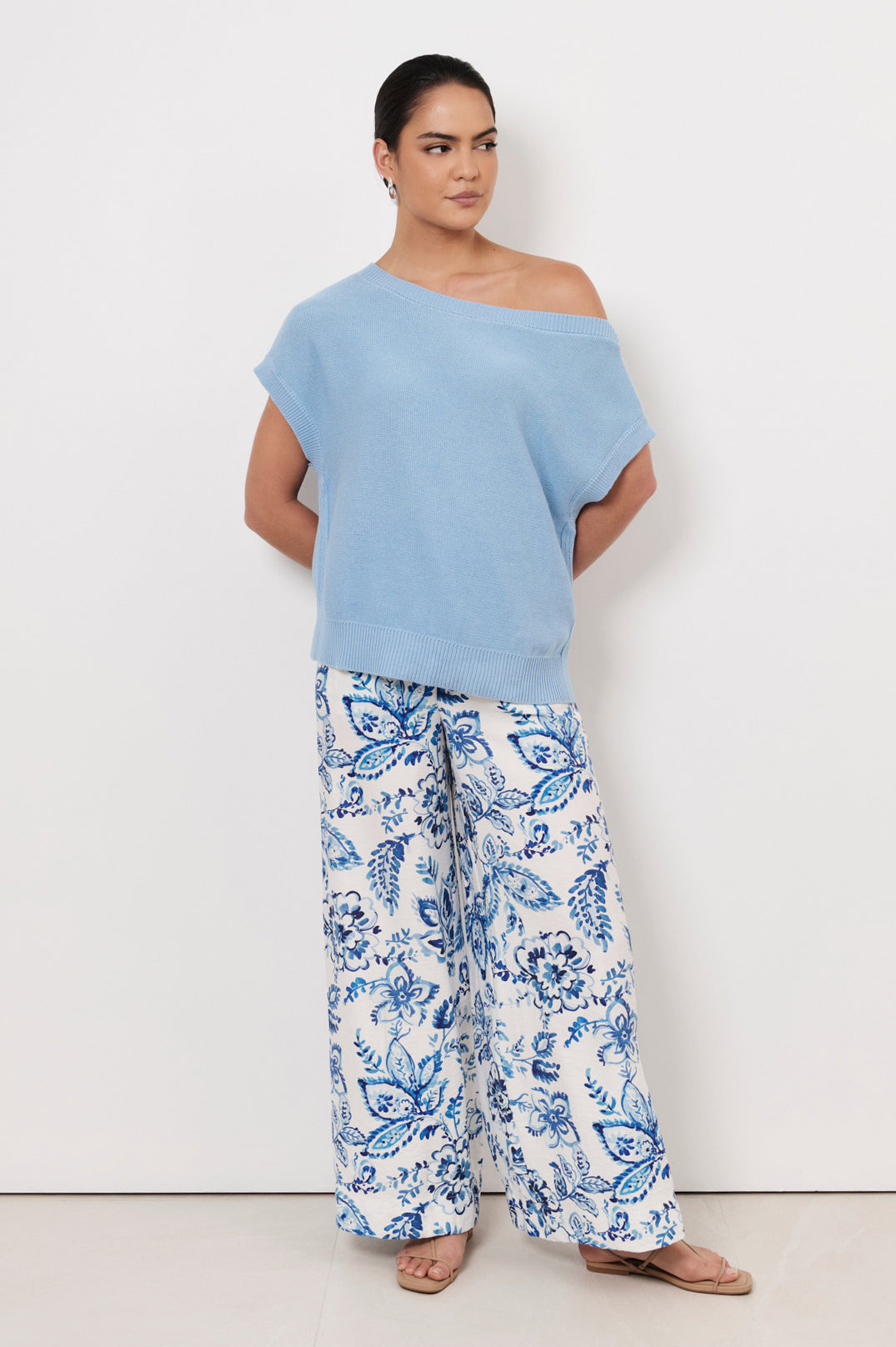 Terrie Angled Neckline Cotton Knit Top in Blue | adorne