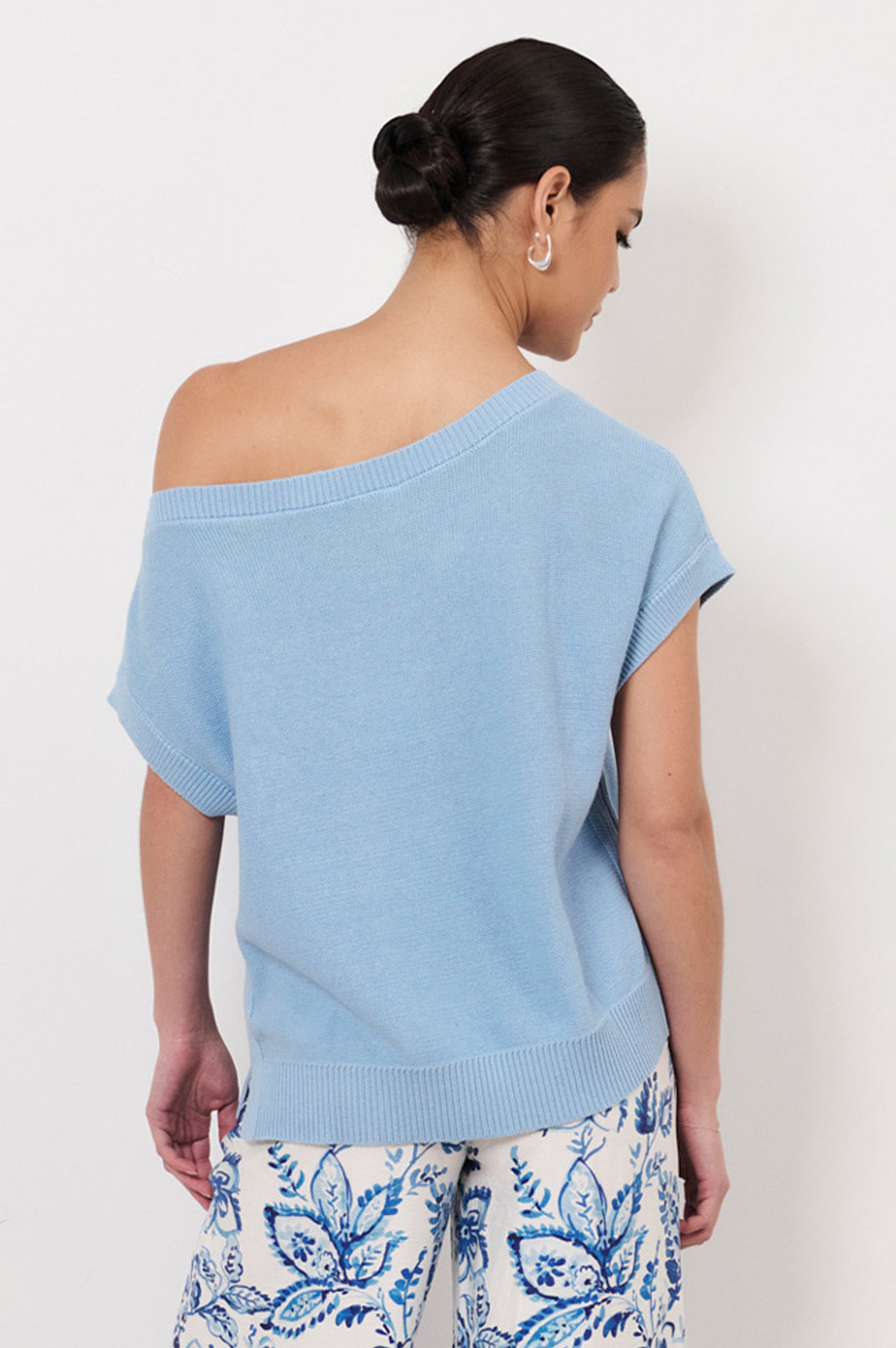 Terrie Angled Neckline Cotton Knit Top in Blue | adorne