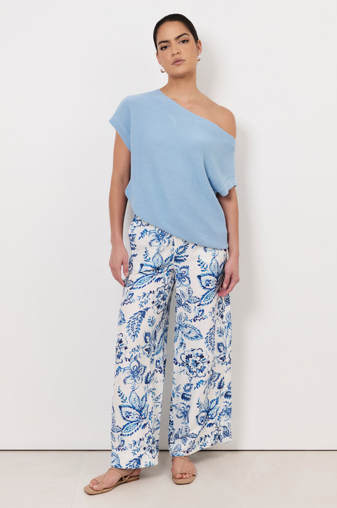 Terrie Angled Neckline Cotton Knit Top in Blue | adorne