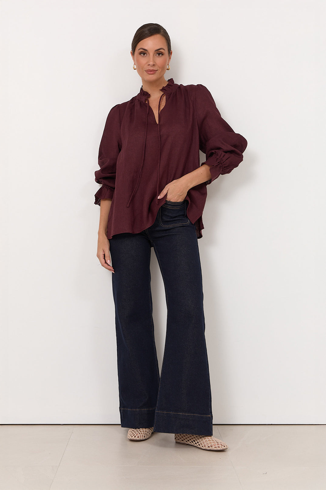 Sandra Long Sleeve Linen Top in Plum | adorne