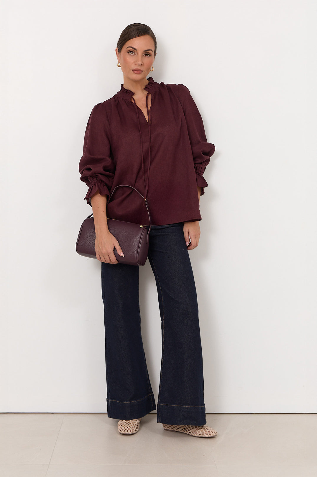 Sandra Long Sleeve Linen Top in Plum | adorne