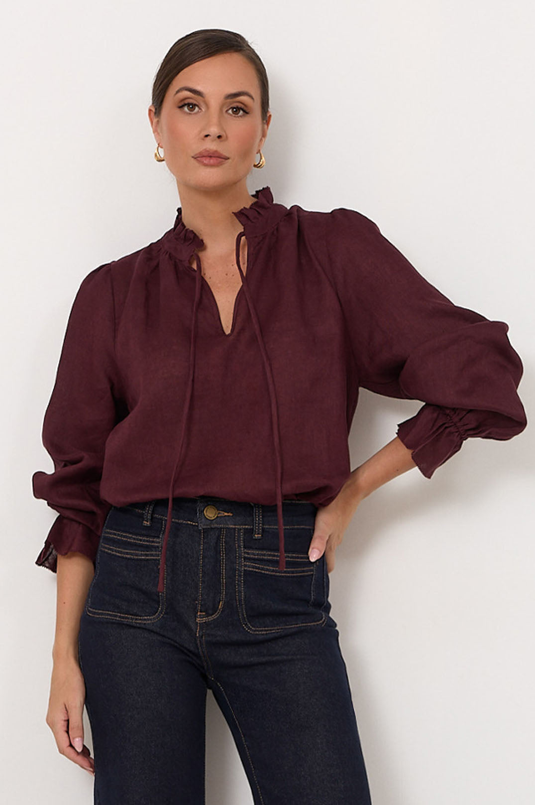 Sandra Long Sleeve Linen Top in Plum | adorne