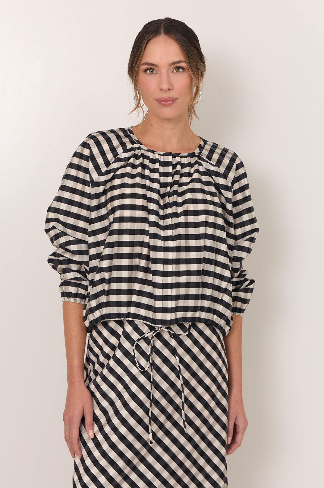 Yasmine Raglan Sleeve Gingham Top in Print | adorne