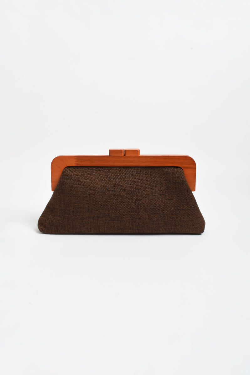 Jessie Textured Weave Timber Frame Clutch in Chocolate | adorne