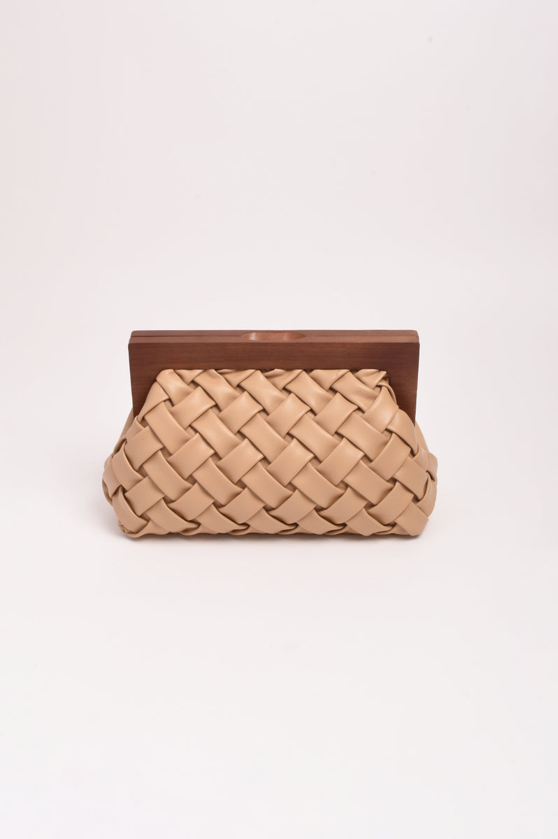 Vivienne Weave Timber Frame Clutch in Camel | adorne